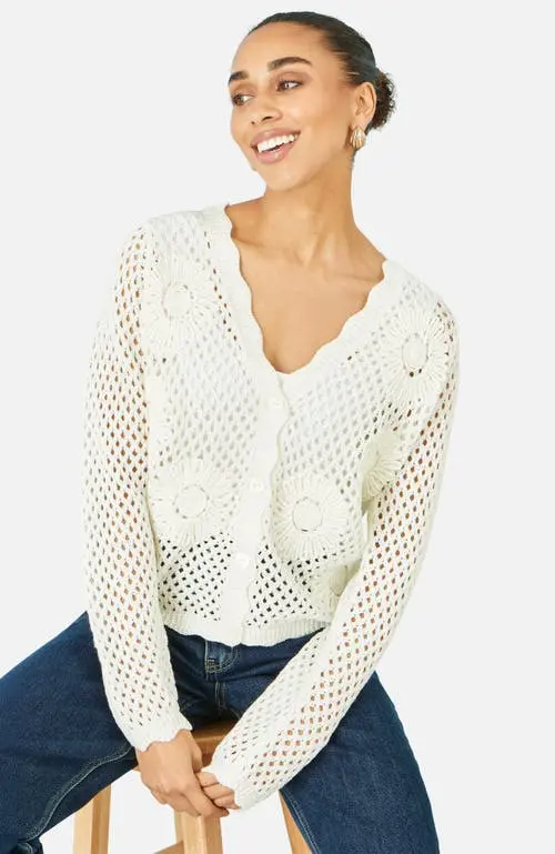 YUMI Floral Crochet Knit Cardigan - White