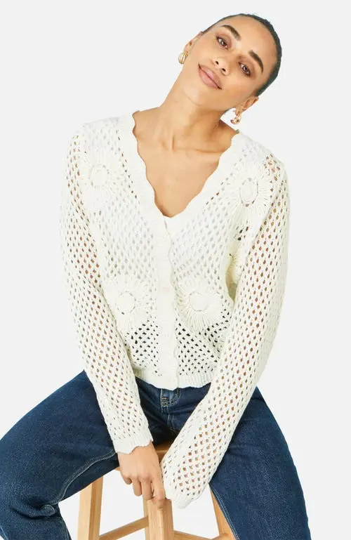 YUMI Floral Crochet Knit Cardigan - White