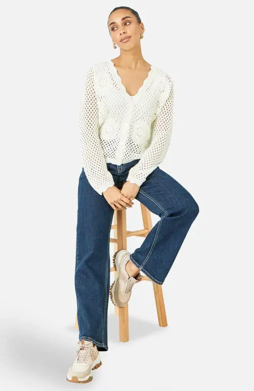 YUMI Floral Crochet Knit Cardigan - White