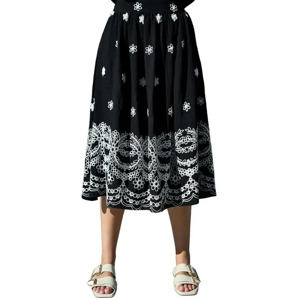 YUMI Embroidered Midi Skirt - Black