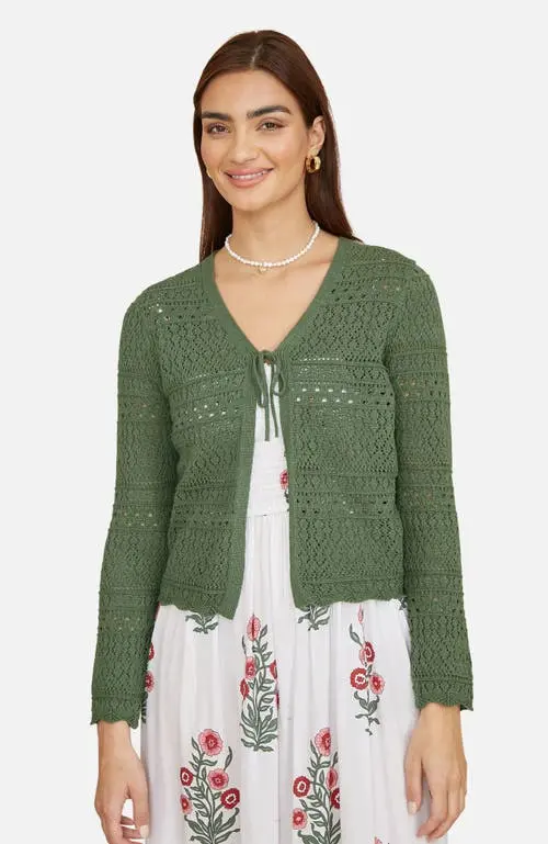YUMI Crochet Tie Front Cardigan - Green