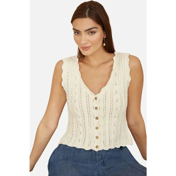 YUMI V Neck Button Down Crochet Knitted Top - Ivory