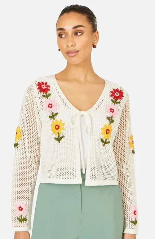 YUMI Crochet Embroidered Flower Cardigan - Ivory