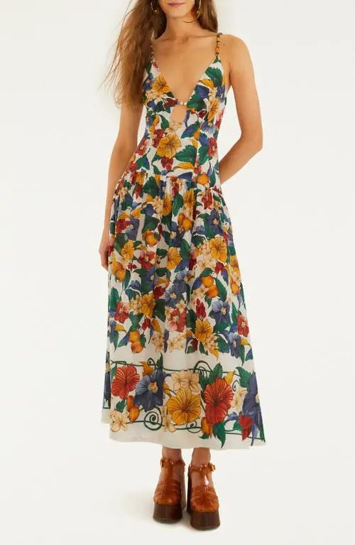 Farm Rio Tropical Print Plunge Neck Drop Waist Midi Dress - Tropi Off-white