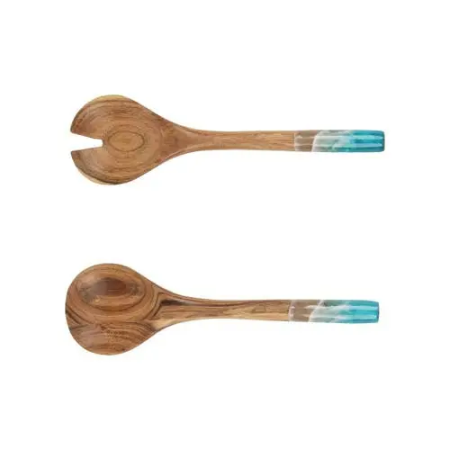 GALLERIE II Wave Fork And Spoon Salad Coastal Wood Novelty Serving Utensils Set Of 2 - Blue