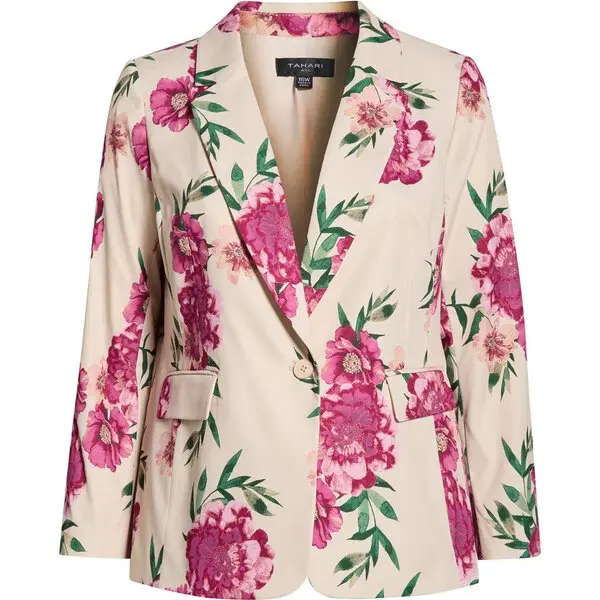 TAHARI ASL Printed One-button Blazer - Sand Berry Floral