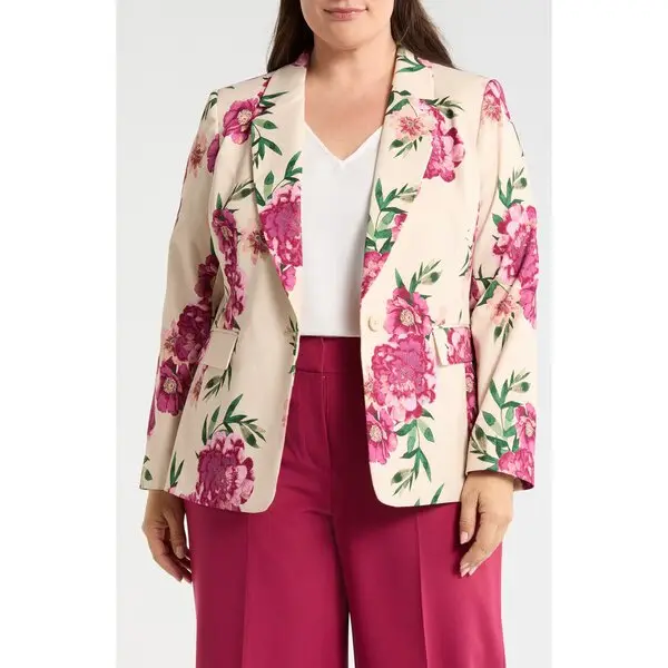 TAHARI ASL Printed One-button Blazer - Sand Berry Floral
