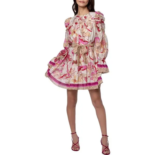 CIEBON Mixed Print Long Sleeve Dress - Pink Multi