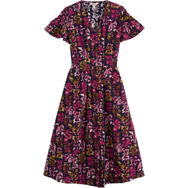 SEASALT CORNWALL Kerthen Woods Floral Organic Cotton Button-up Midi Dress - Inky Botanical Maritime