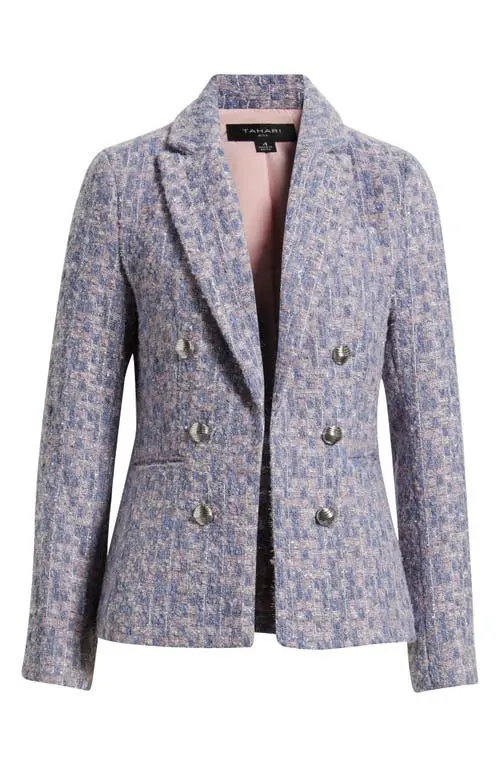 TAHARI ASL Metallic Tweed Double-breasted Jacket - Blue Rose Silver