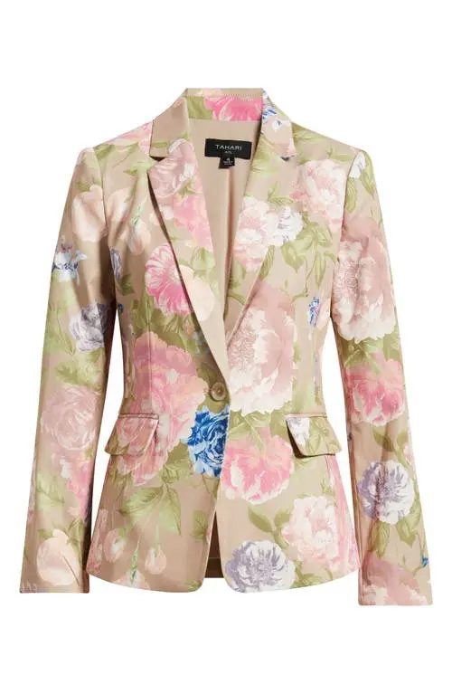 TAHARI ASL Floral Print Sateen Blazer - Taupe Multi