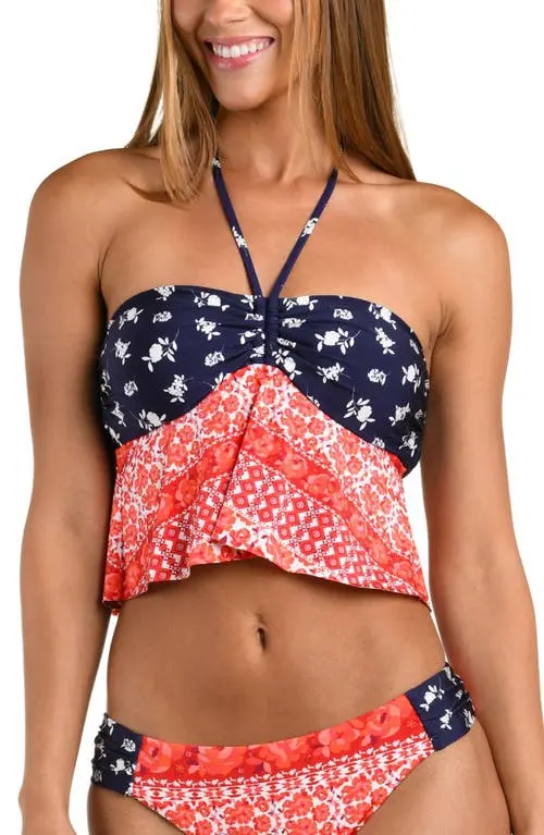 SUNSHINE 79 Flowers & Stripes Halter Bandeau Tankini Top - Red Multi