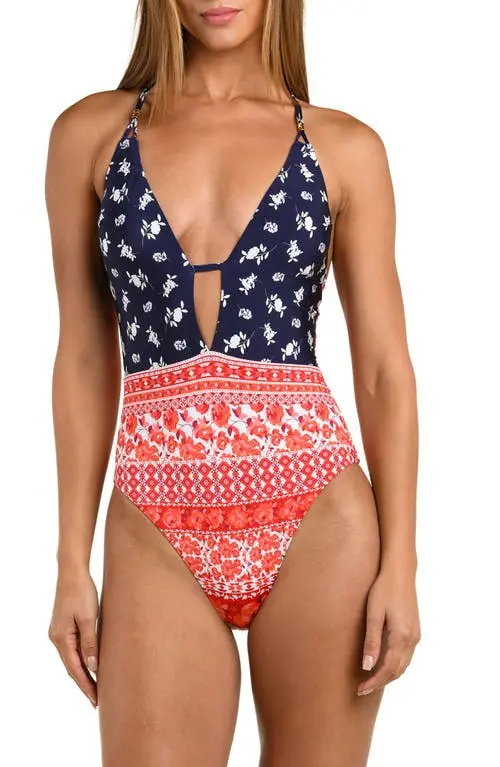 SUNSHINE 79 Floral & Striped One-piece Swimsuit - Red Multi
