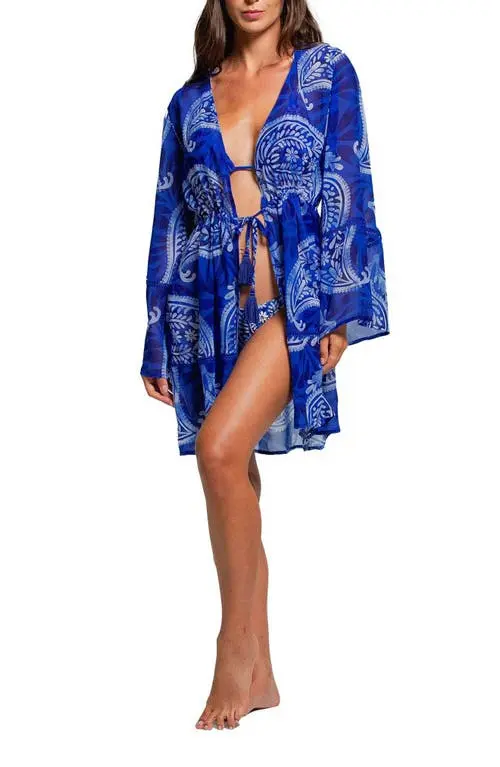 Cosita Linda Print Bell Sleeve Cover-up Dress - Blue Dahlia