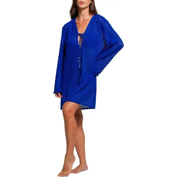 Cosita Linda Tie Neck Cover-up Tunic Dress - Blue Dahlia