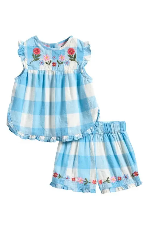 Boden Embroidered Top And Shorts Set - Blue Gingham Embroidery