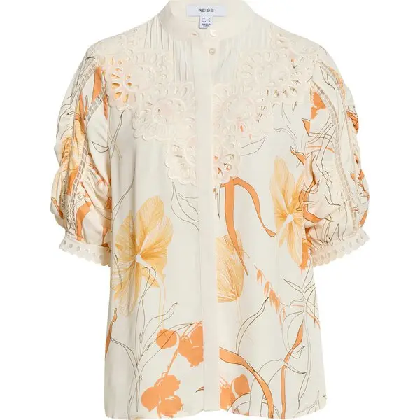 REISS Louisa Cutwork Overlay Floral Button-up Shirt - Ivory/pink