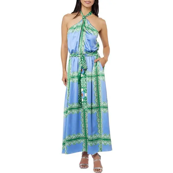 CIEBON Leche Scarf Print Halter Neck Satin Maxi Dress - Blue Multi