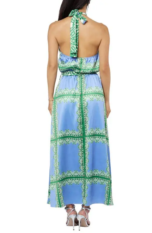 CIEBON Leche Scarf Print Halter Neck Satin Maxi Dress