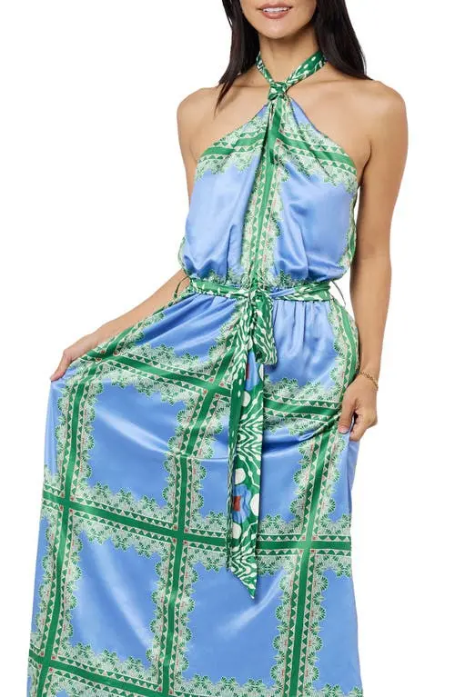 CIEBON Leche Scarf Print Halter Neck Satin Maxi Dress