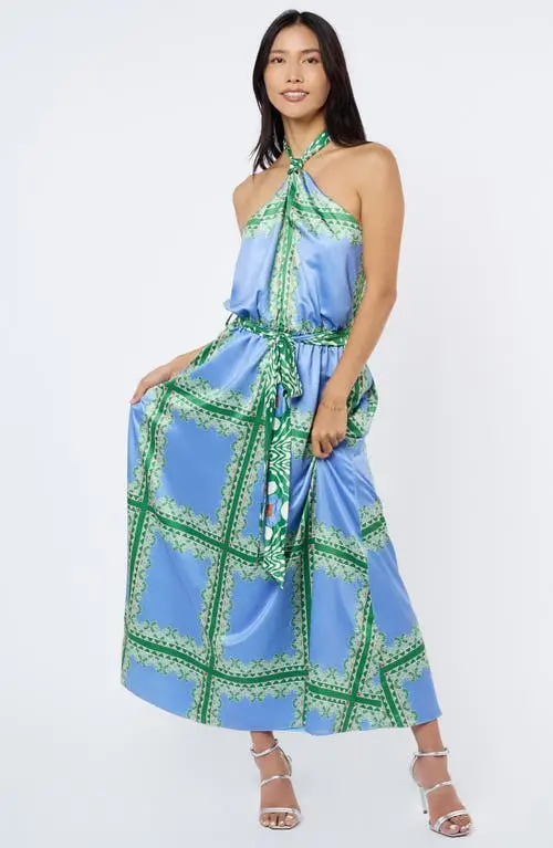 CIEBON Leche Scarf Print Halter Neck Satin Maxi Dress
