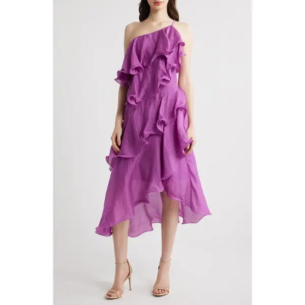 CIEBON Matea One-shoulder Asymmetric Ruffle Dress - Purple