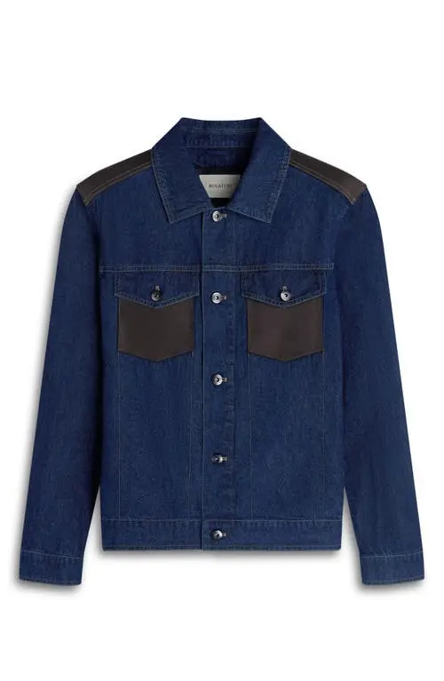 Bugatchi Leather Trim Denim Trucker Jacket - Navy