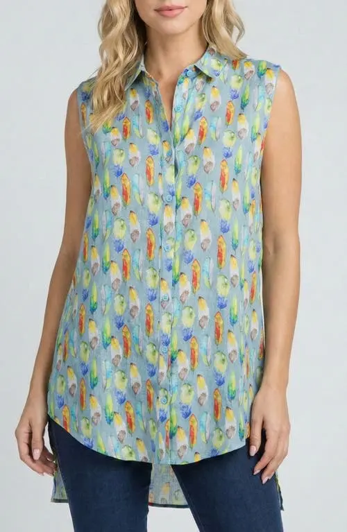 APNY Sleeveless Linen Button-up Shirt - Green/blue Multi