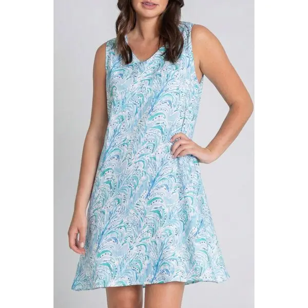 APNY Tropical Palms Linen Shift Dress - Light Blue Multi