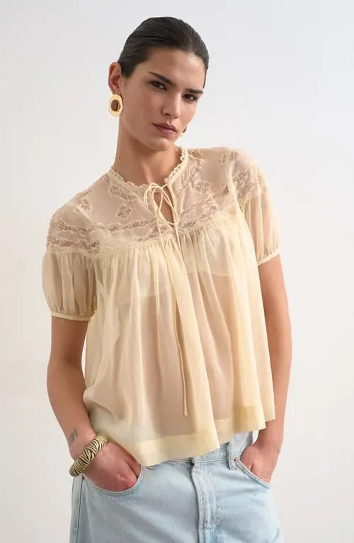 Topshop Sheer Lace Trim Tie Neck Top - Ivory
