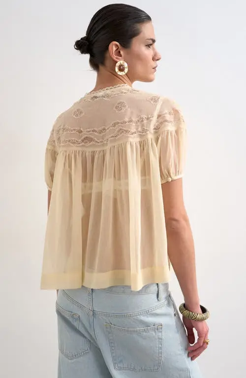 Topshop Sheer Lace Trim Tie Neck Top