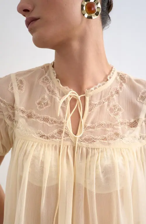Topshop Sheer Lace Trim Tie Neck Top