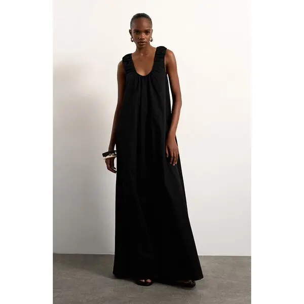 Topshop Ruched Cotton Poplin Maxi Dress - Black