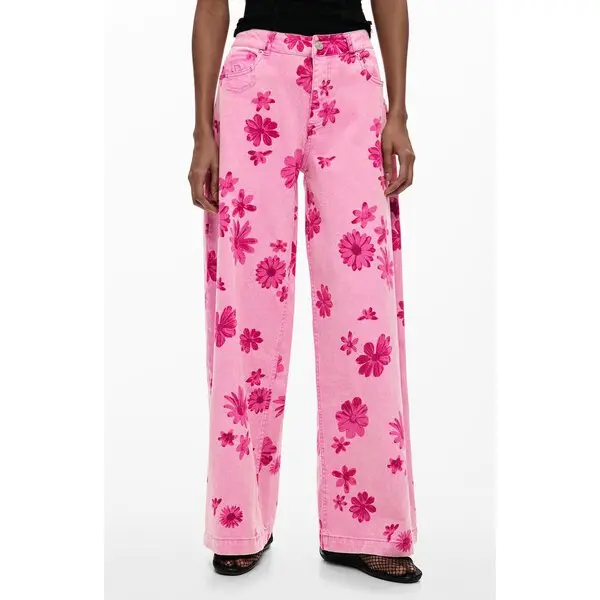 Desigual Floral Print Wide Leg Jeans - Light Pink