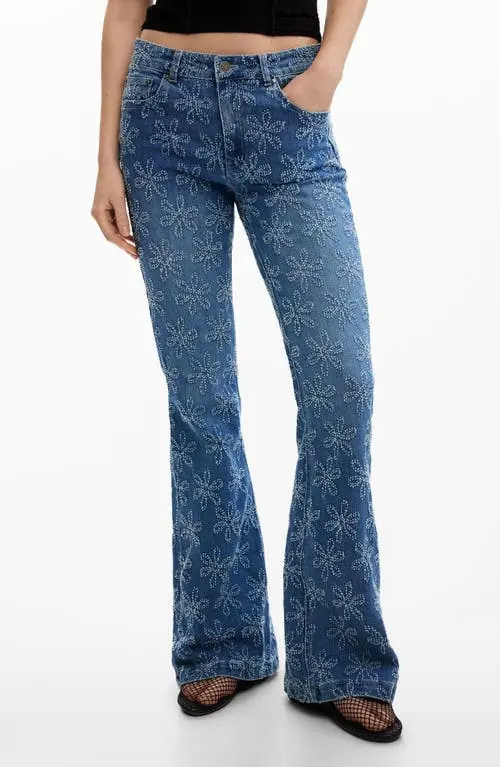 Desigual Floral Embroidered Flare Jeans - Medium Blue
