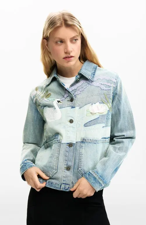Desigual Swan Appliqué Denim Trucker Jacket - Medium Blue
