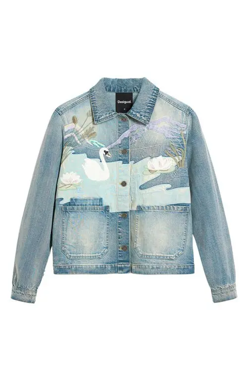 Desigual Swan Appliqué Denim Trucker Jacket - Medium Blue
