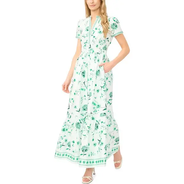 CECE DUPRAZ Print Smocked Waist Maxi Dress - Vibrant Kelly