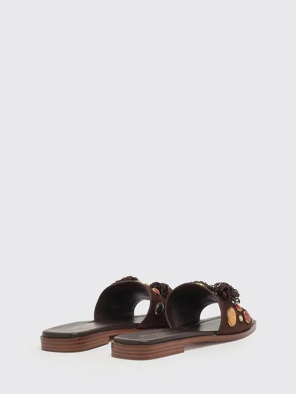 TWINSET Suede Mule Sandals With Stone Embellishments - Coffee