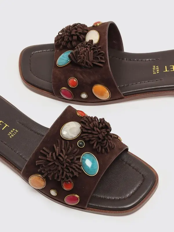 TWINSET Suede Mule Sandals With Stone Embellishments - Coffee