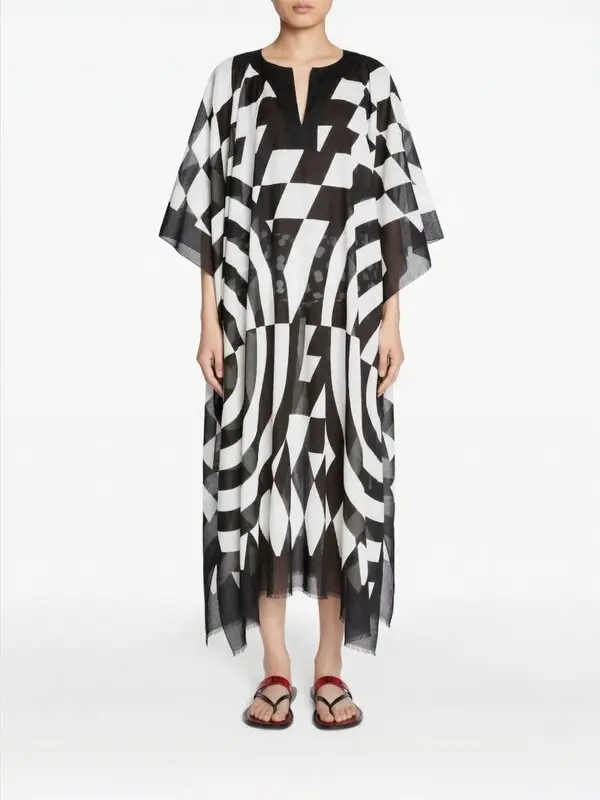 Dries Van Noten Cotton Kaftan Dress With Optical Print - Black