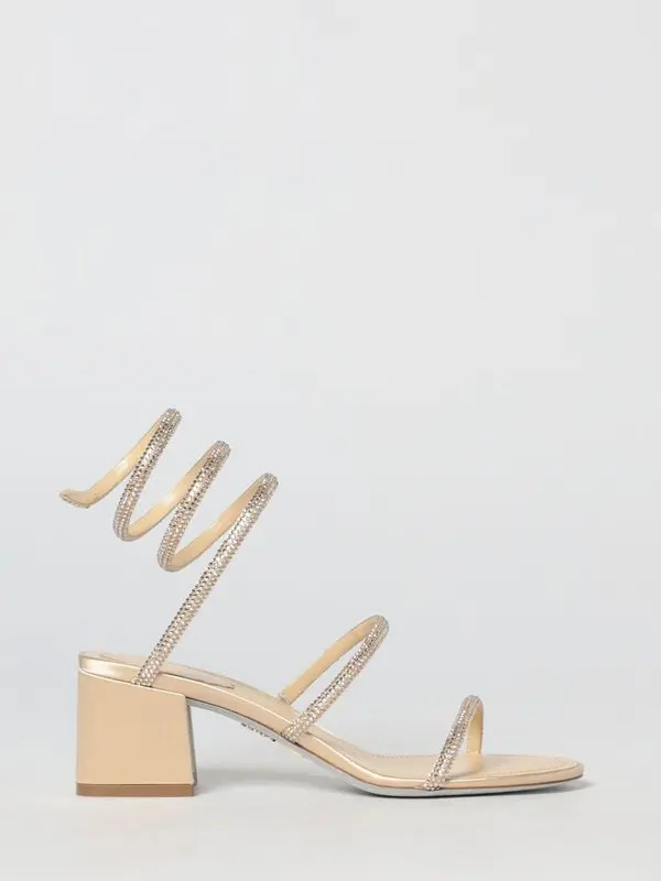 Rene Caovilla Laminated Leather Cleo Sandals With Rhinestones - Beige
