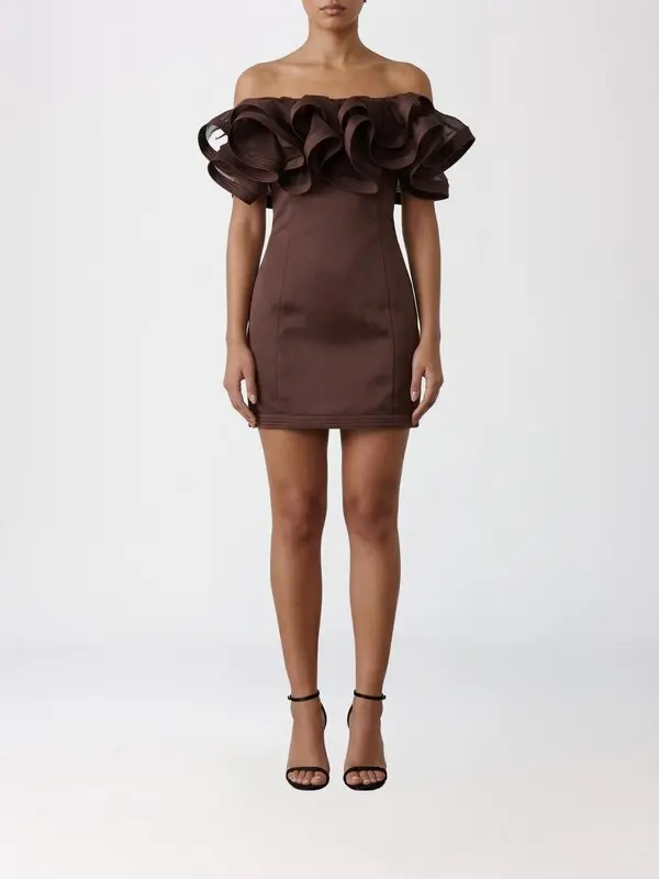 Elisabetta Franchi Mini Dress In Crêpe With Ruffles And Ties - Brown