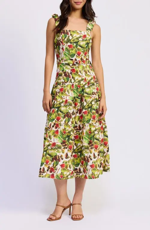 EN SAISON Scottie Fig Print Cotton Blend Midi Dress - White Red Olive
