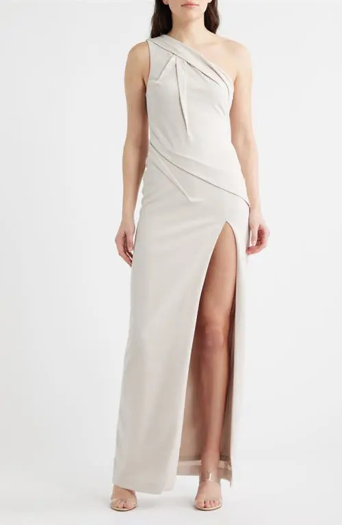 Black Halo Arliss One-shoulder Column Gown - Pale Oyster