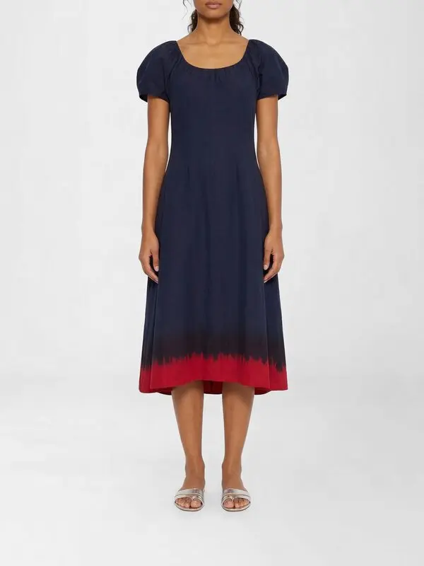 Tory Burch Blue Viscose And Linen Blend Midi Dress With Puff Sleeves - Navy