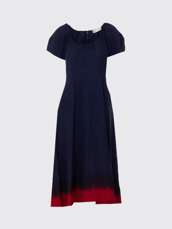 Tory Burch Blue Viscose And Linen Blend Midi Dress With Puff Sleeves - Navy