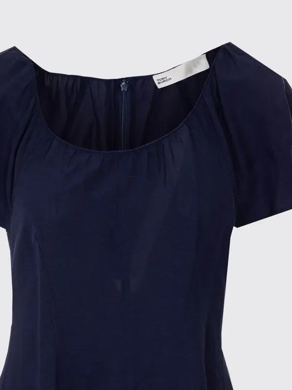 Tory Burch Blue Viscose And Linen Blend Midi Dress With Puff Sleeves - Navy