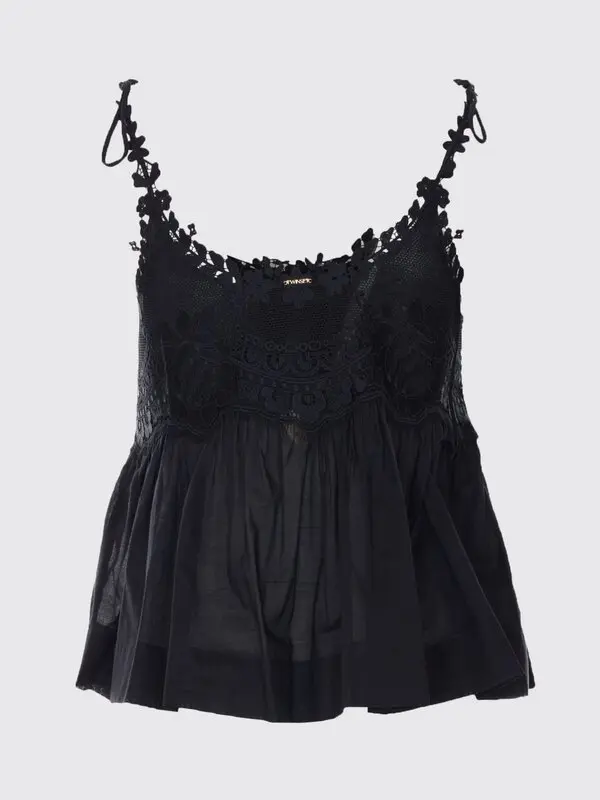 TWINSET Sleeveless Cotton Top With Lace Inserts And Embroidery