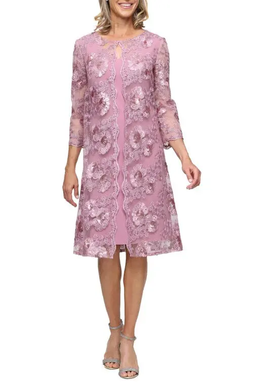Alex Evenings Sequin Floral Embroidery Mock Jacket Cocktail Dress - Dark Mauve